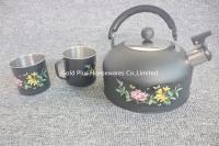 China Luxury flower pattern kettle teapot with two cups stainless steel water coffee kettle with whistle for commercial use for sale