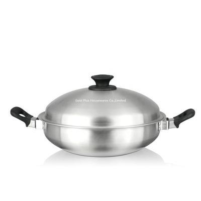 China 36cm Home cooking kitchen thickened wok with two handle food grade 304# stainless steel saving steam frying pan for sale