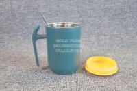 China Cheap plain green coffee mug promotion double wall keep warm metal steel coffee mug with lid spoon for sale