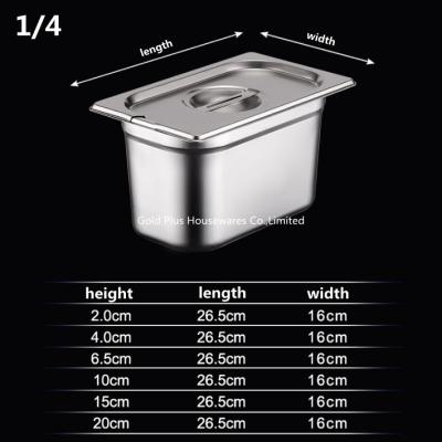 China Custom hotel supplies 1/4 standard food pans high quality 304 stainless steel gn container for buffet stove for sale