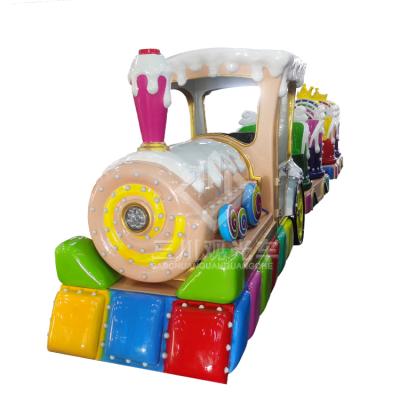 China Indoor FRP+steel candy small fiberglass kids ride electric trackless train for sale