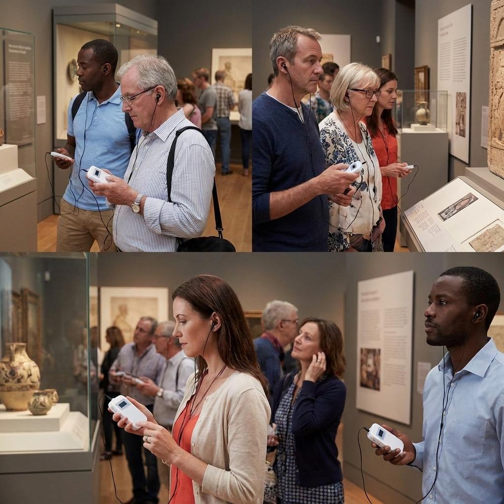 At the museum, visitors utilize self-guided audio guide devices for sightseeing.