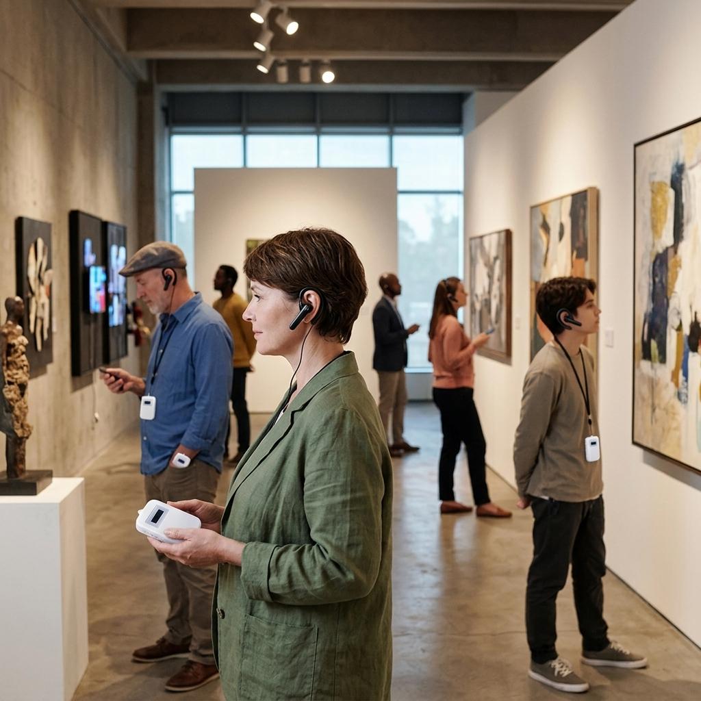 In tourist settings, visitors utilize self-guided audio guide devices for sightseeing.