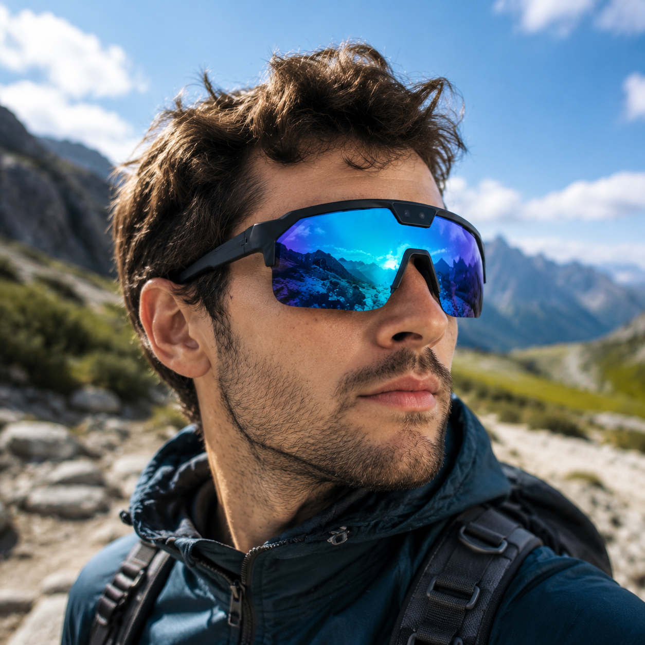 In an outdoor travel context, the user wears Yingmiâââ‰â¢s AI-powered smart glasses.