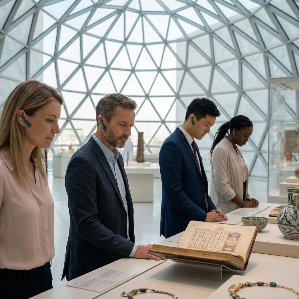 Each of the tourists was wearing a small wireless audio guide on their ear, fully concentrating on viewing the exhibits of Arab civilization.
