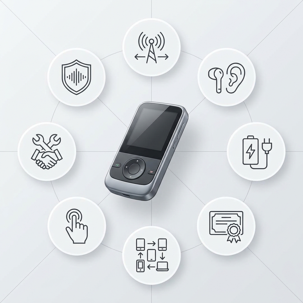 Infographic of 8 core selection indicators for wireless tour guide systems
