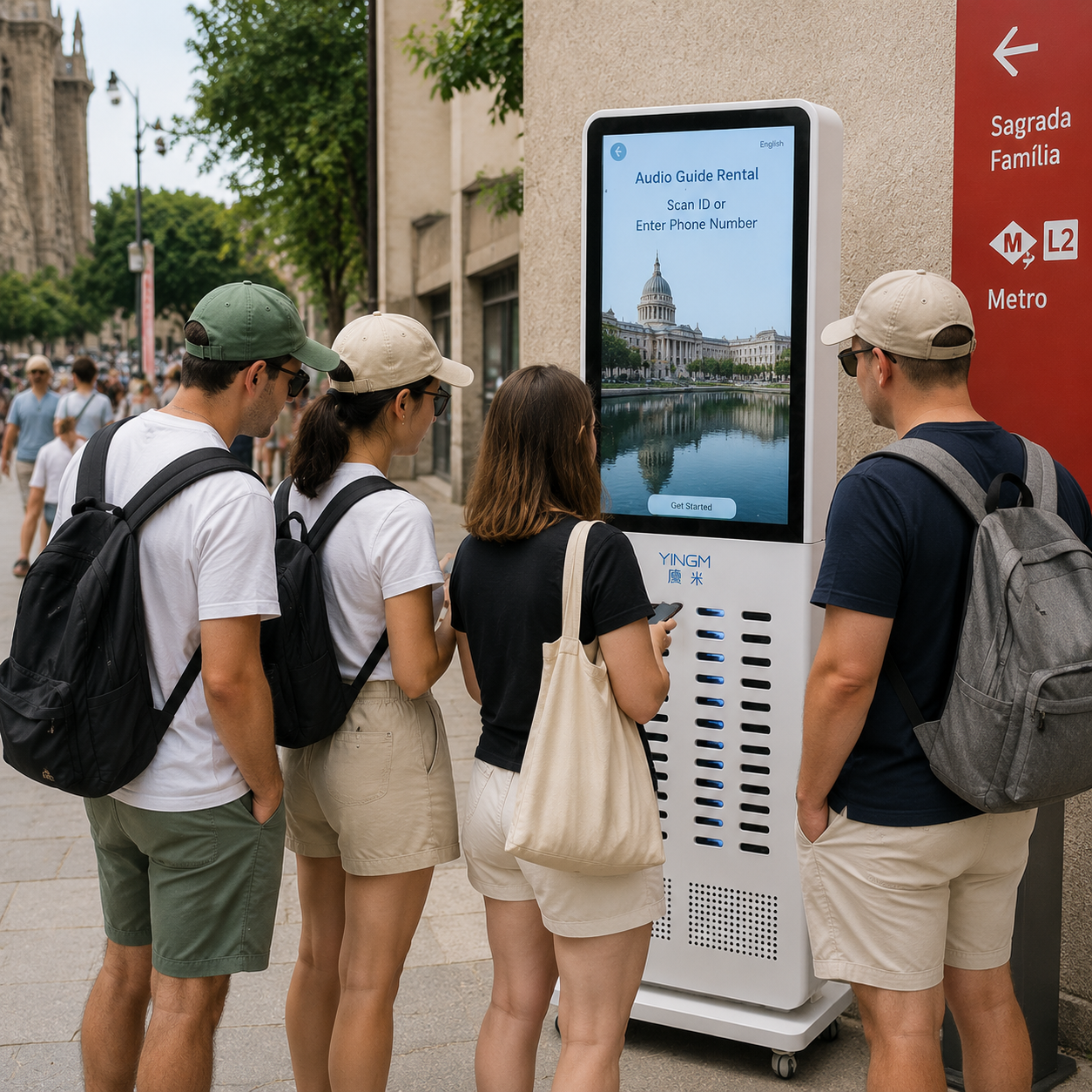 Tourist scanning QR code to use unmanned self-service audio guide locker