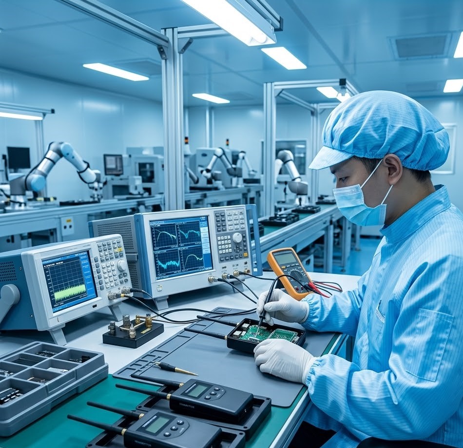 Engineer performing RF quality control testing on wireless tour guide system units in a clean room electronics factory
