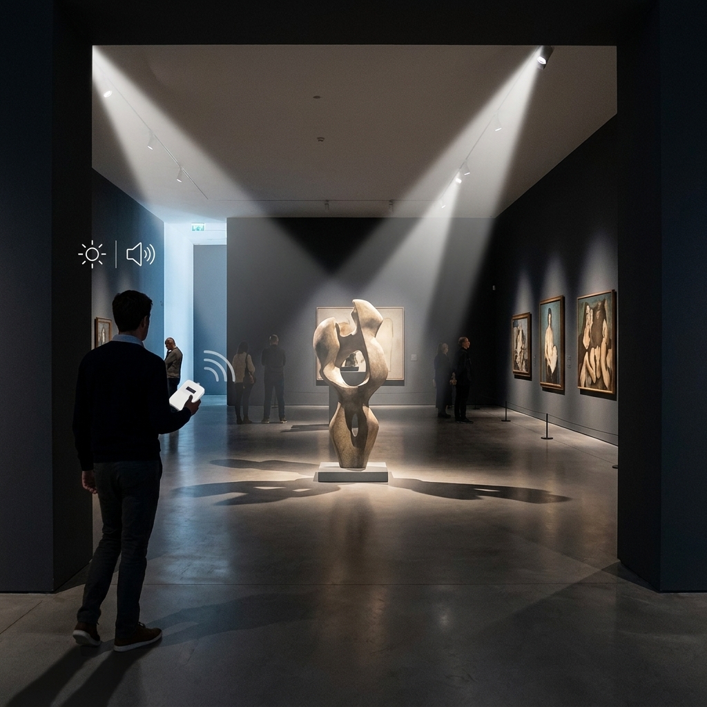 Visitors enter a modern art gallery room where exhibit lighting activates automatically, illustrating how 5G-connected sensor systems trigger audio guide content in real time