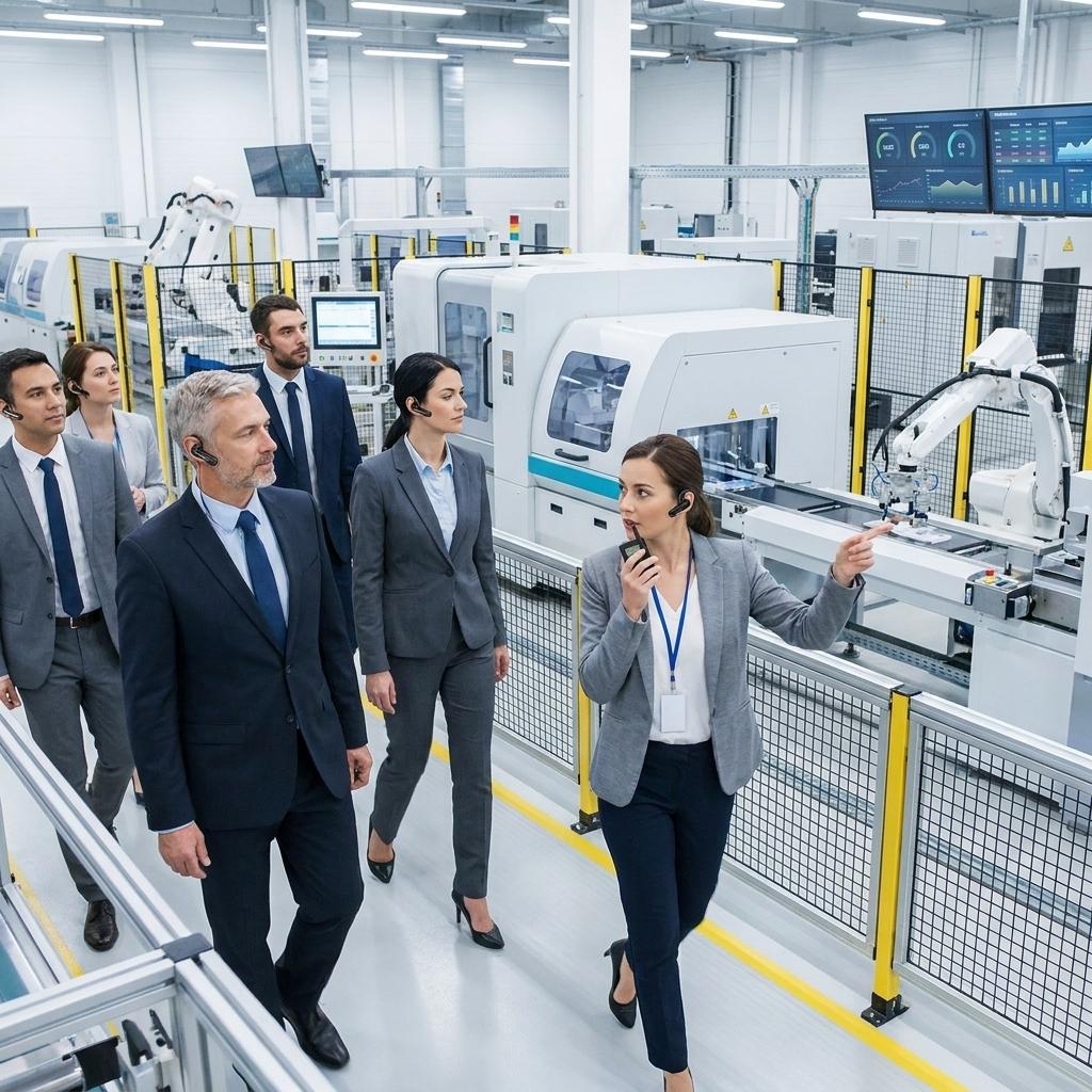 Business visitors on a factory tour wearing Yingmi wireless tour guide receivers during a corporate facility visit