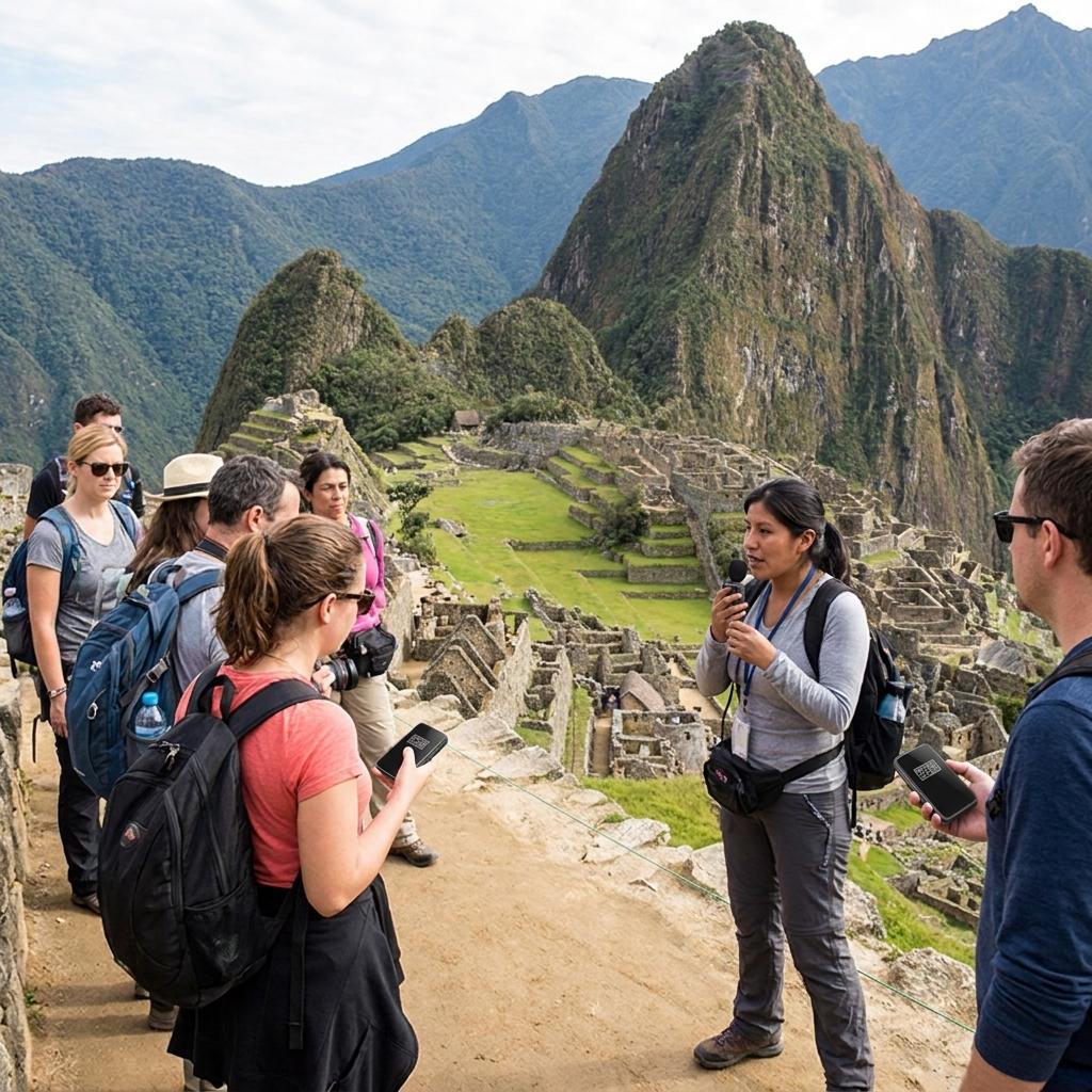 Tour group at an outdoor heritage site using Yingmi long-range wireless tour guide system with 280-meter transmission