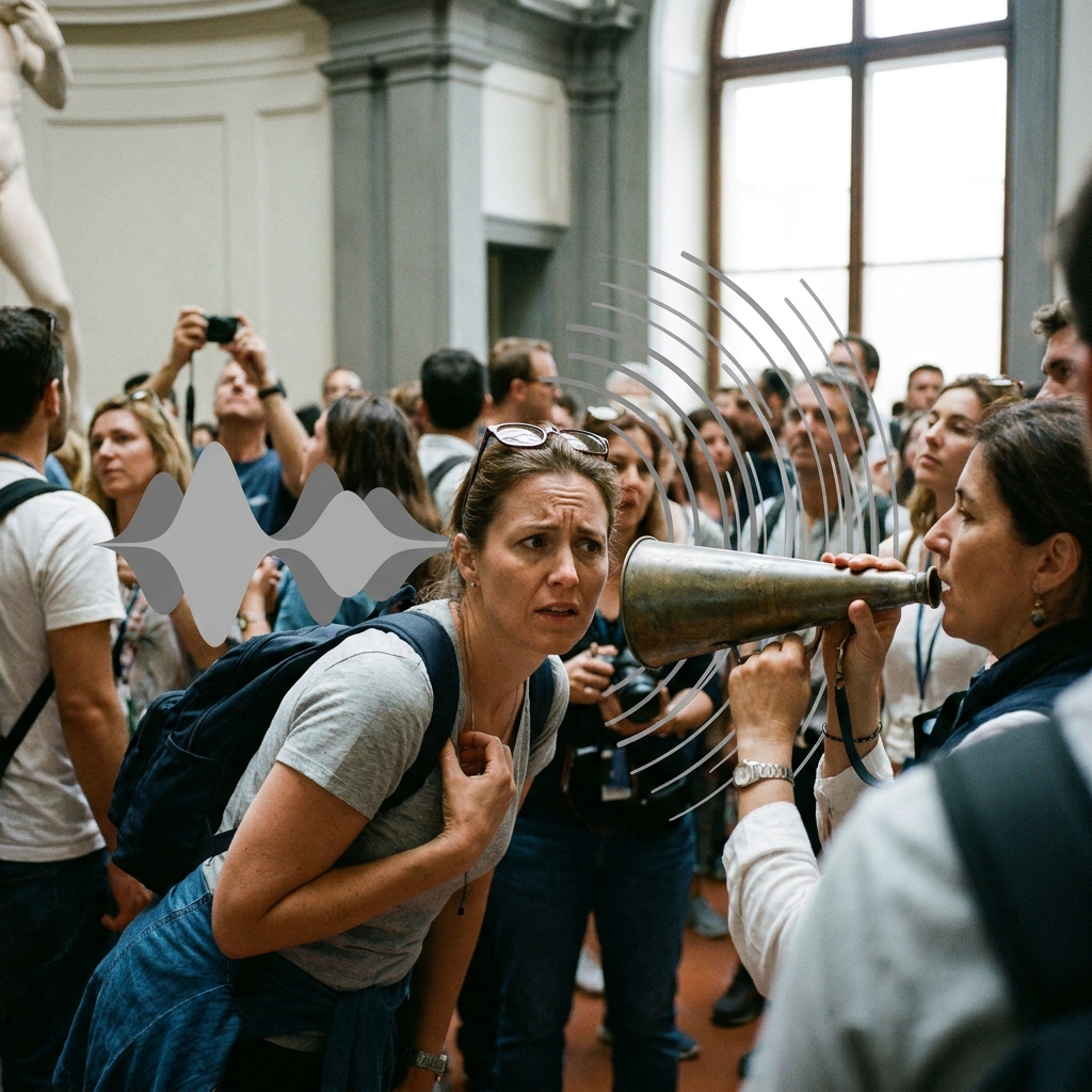 Tour group crowding around a guide with a megaphone, struggling to hear in a noisy environment