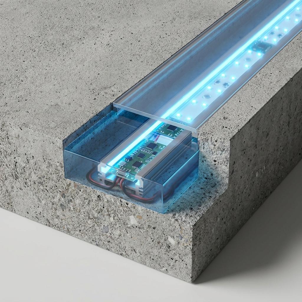 Cross-section view of an outdoor trail surface showing embedded LED units and motion sensor modules installed beneath the path