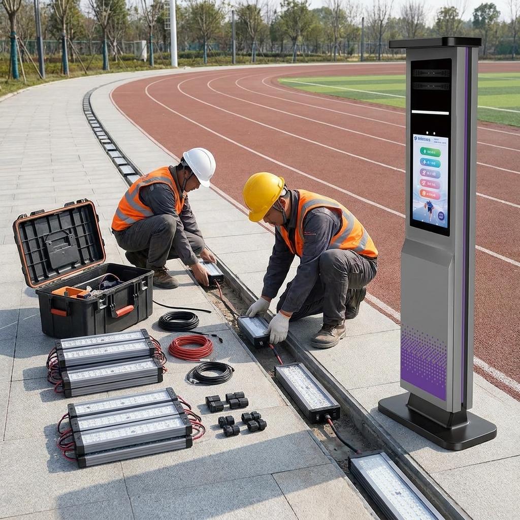 A technician installing weatherproof embedded LED trail light units into an outdoor running path surface during daytime