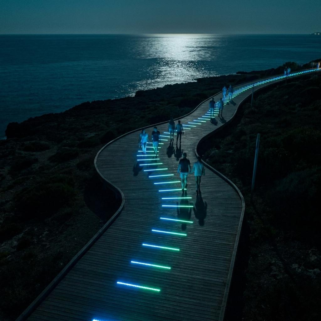 a coastal boardwalk at night with sequential LED strip lights activating along the path as visitors walk