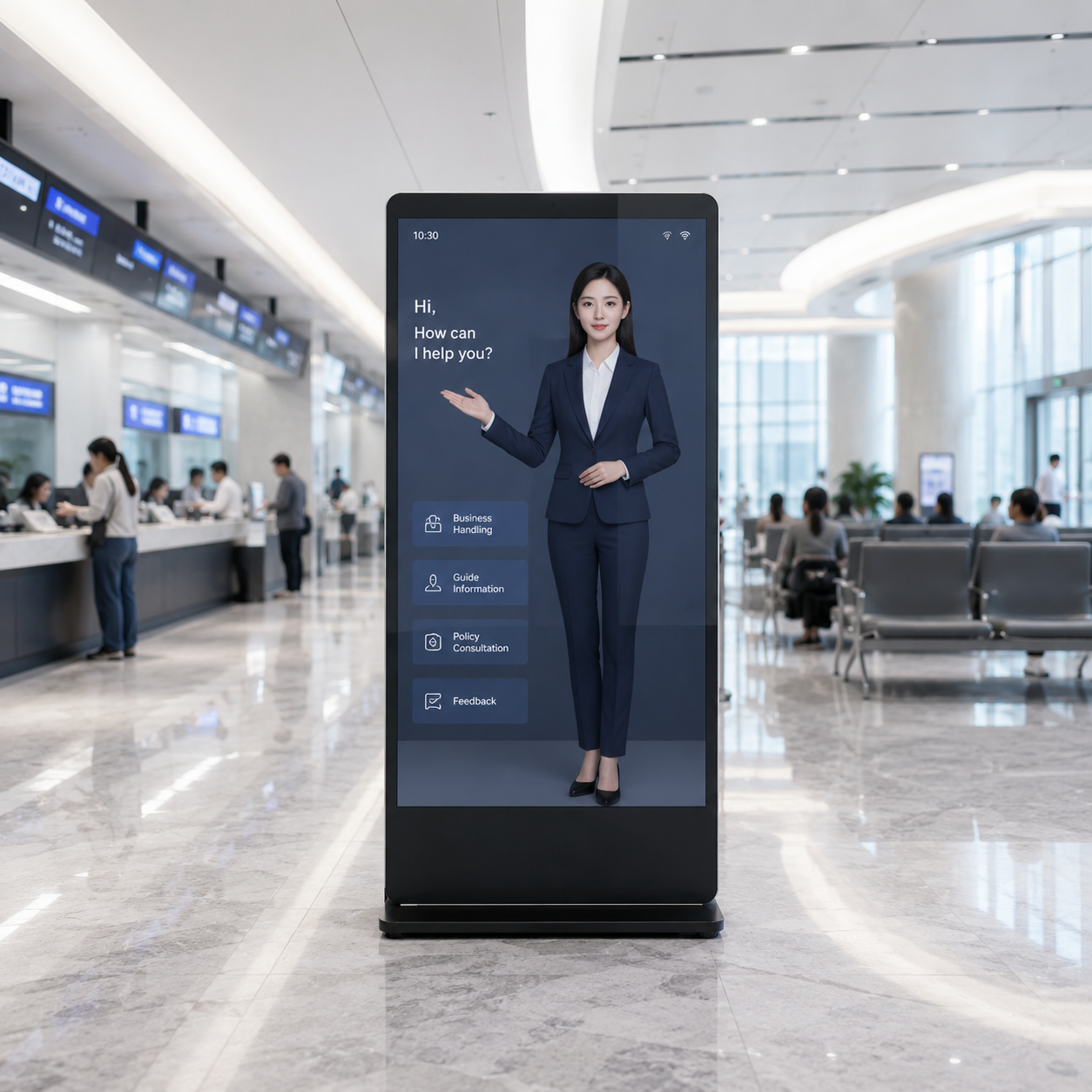 An AI interactive digital human terminal deployed in a modern government service hall