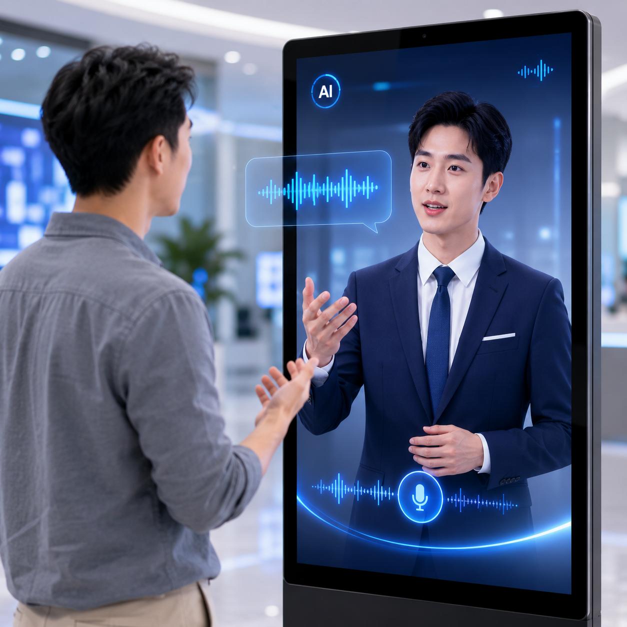 A visitor speaking to an AI digital human terminal in a bright exhibition hall
