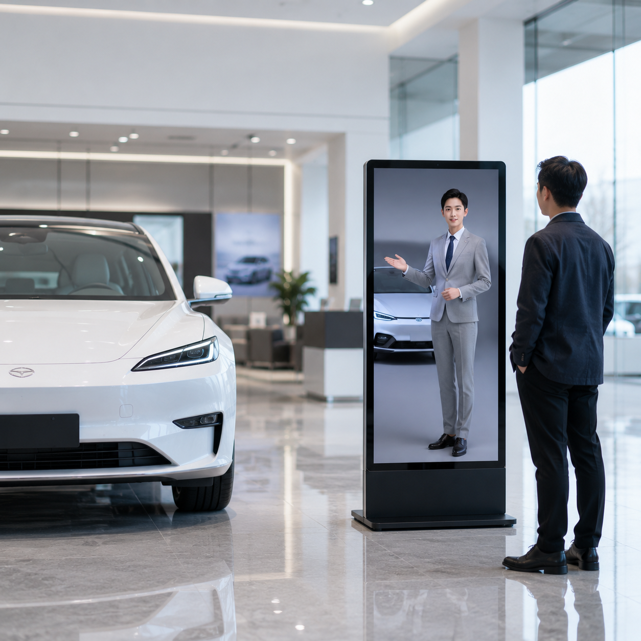 An AI digital human terminal in a new-energy vehicle showroom displaying a male avatar presenting car model information