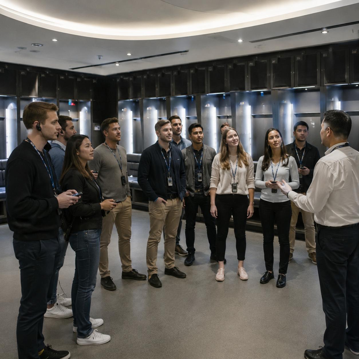 A tour guide leading a small group through a stadium dressing room, visitors wearing compact audio guide receivers