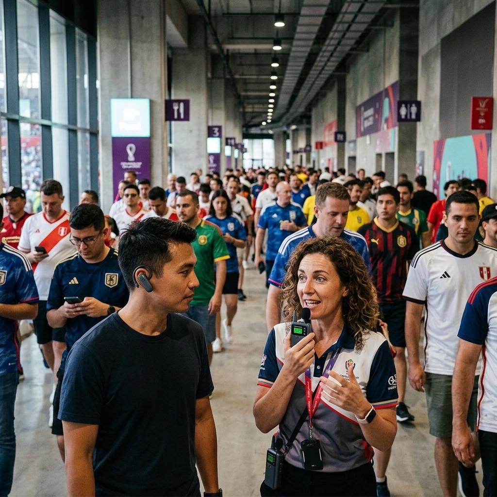 A tour guide holding a compact wireless transmitter speaking to a group wearing audio earpieces in a busy stadium concourse