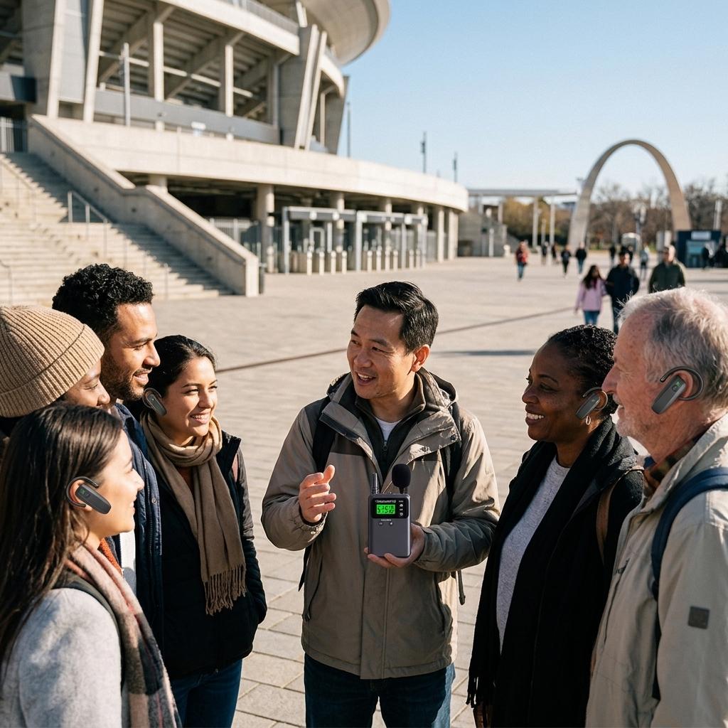 A multilingual visitor group on a stadium plaza, participants from diverse backgrounds wearing wireless audio guide earpieces