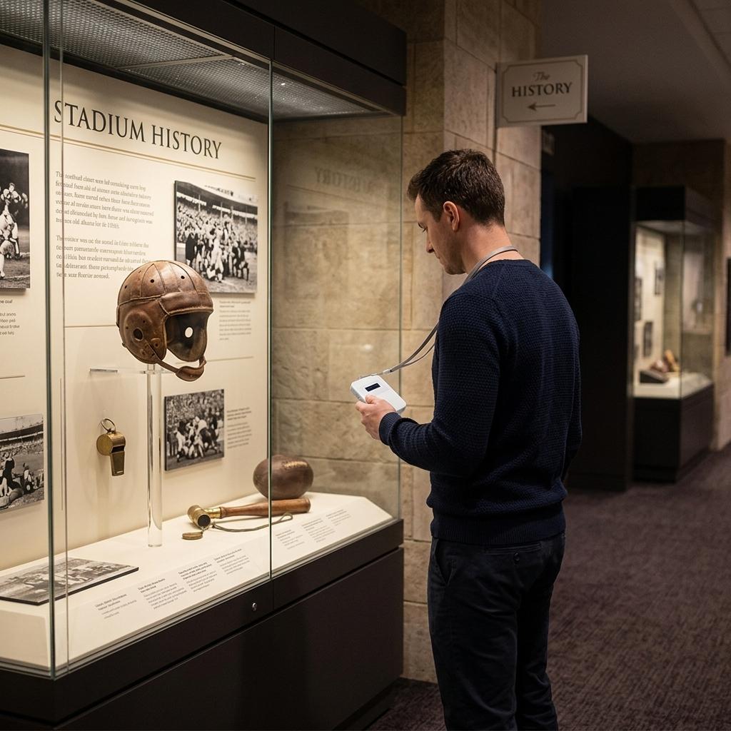 A solo visitor holding a self-guided audio device while viewing a stadium history exhibit, device worn around the neck