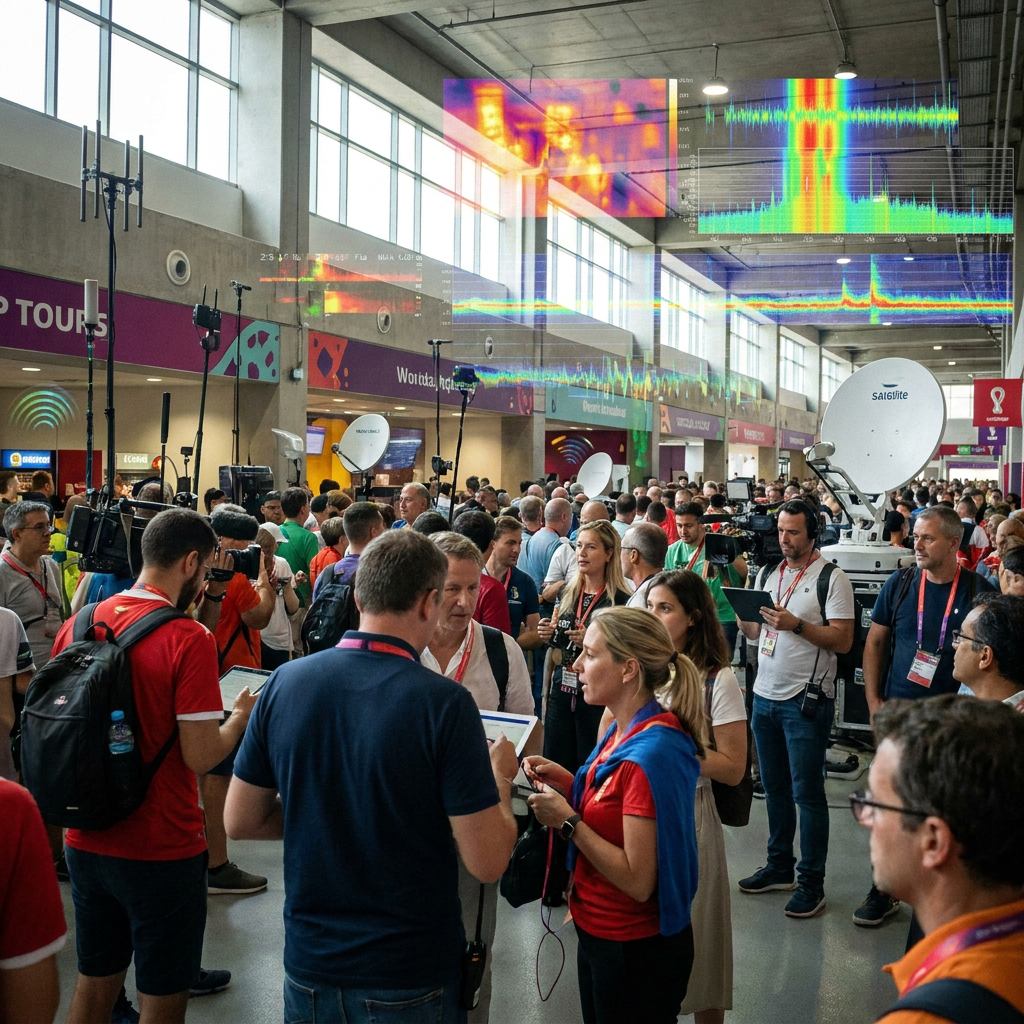 Crowded stadium concourse with signal interference challenge for World Cup VIP tour group