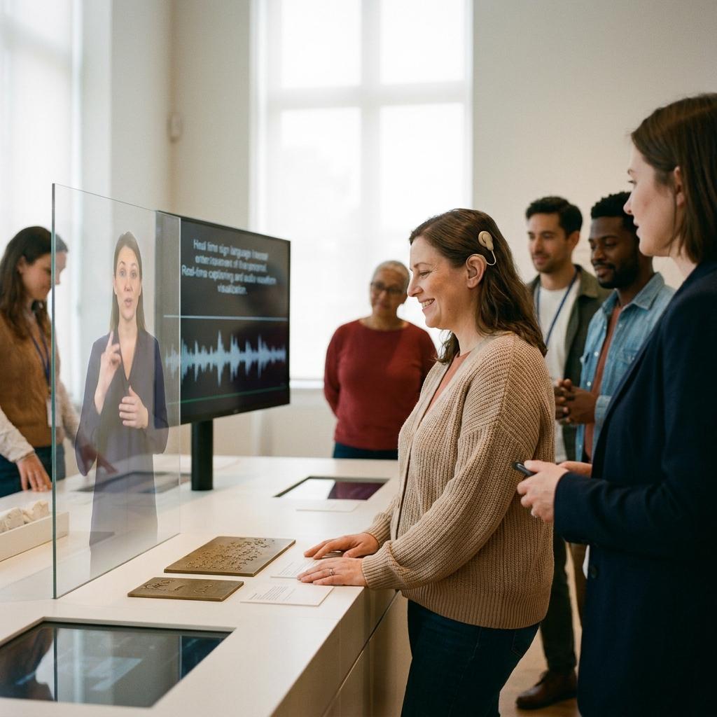 Inclusive museum audio guide with sign language avatar and real-time audio description, accessibility compliant interpretation system