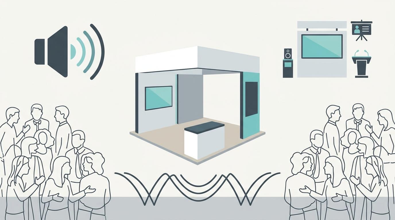 Illustration of overlapping noise sources around a trade show booth, including PA announcements and neighboring demos