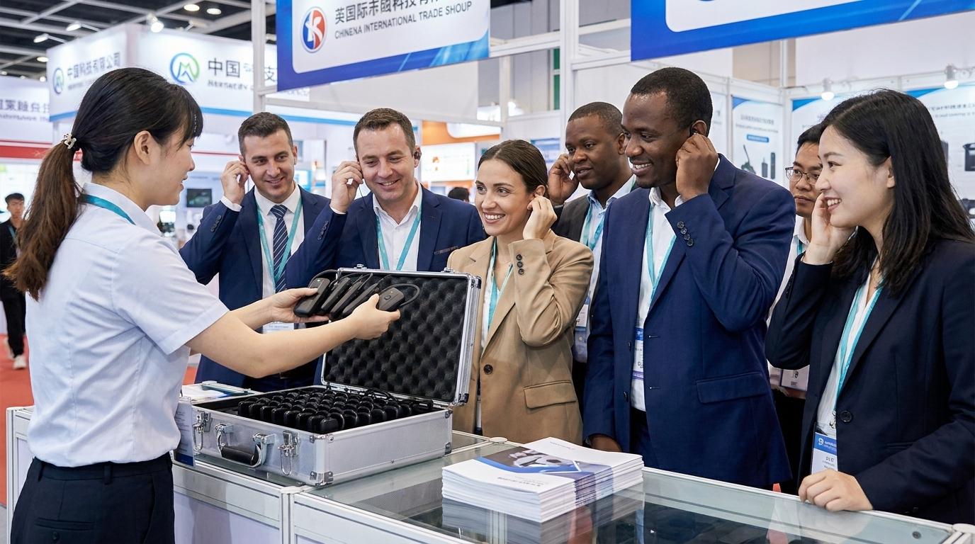 Booth staff quickly distributing self-service wireless tour guide receivers to a group of international buyers