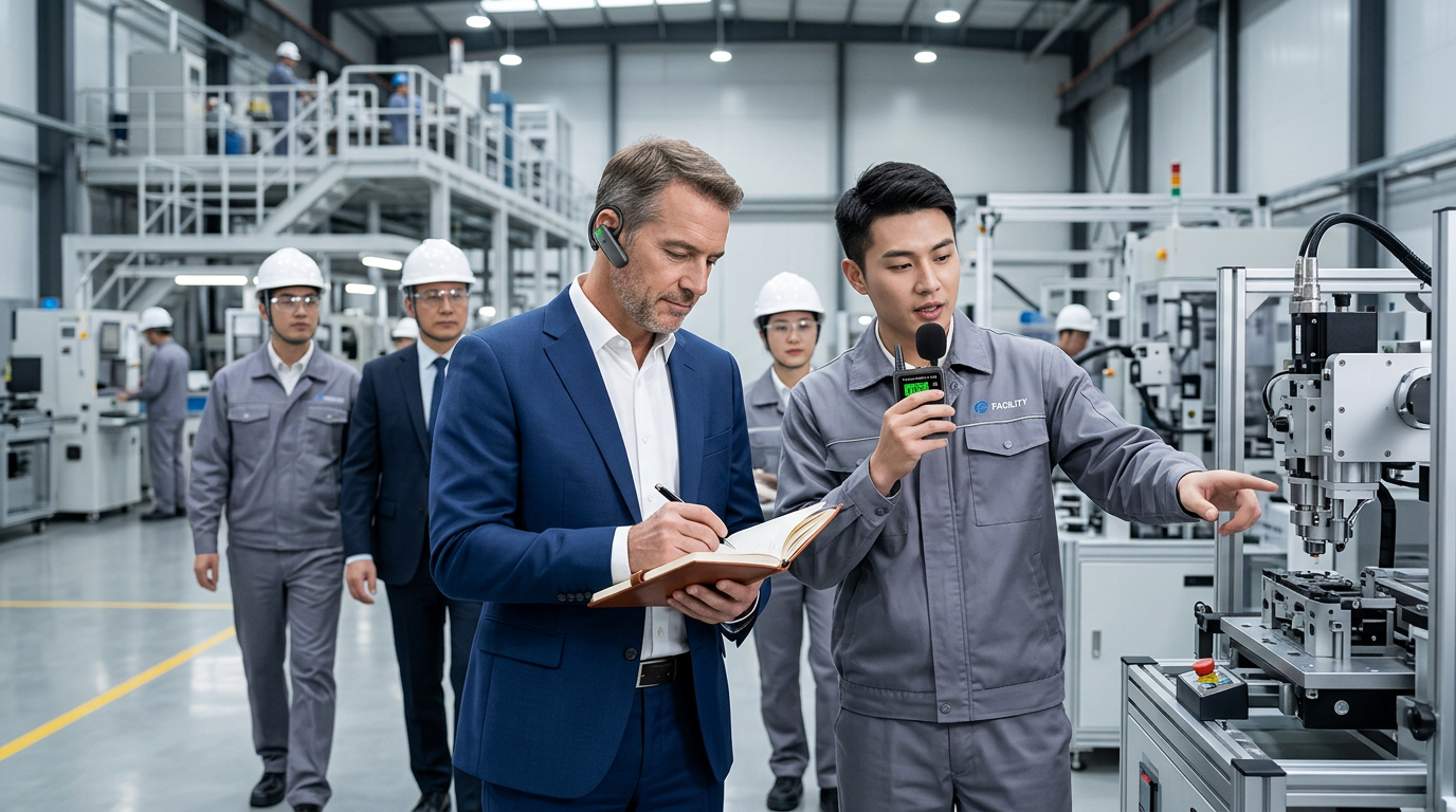 Government officials using wireless audio guide receivers during a formal facility inspection