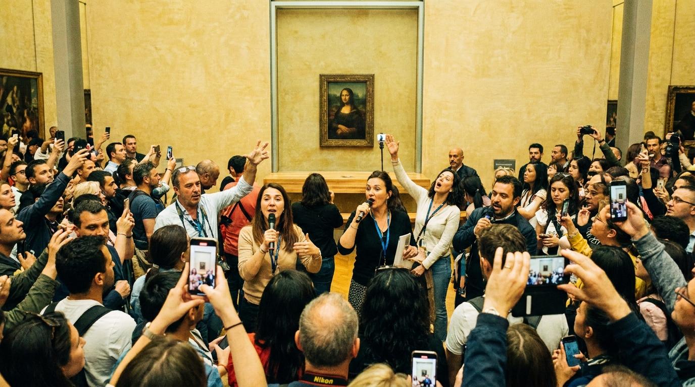Crowded gallery with multiple overlapping tour groups near a famous painting, illustrating museum noise congestion