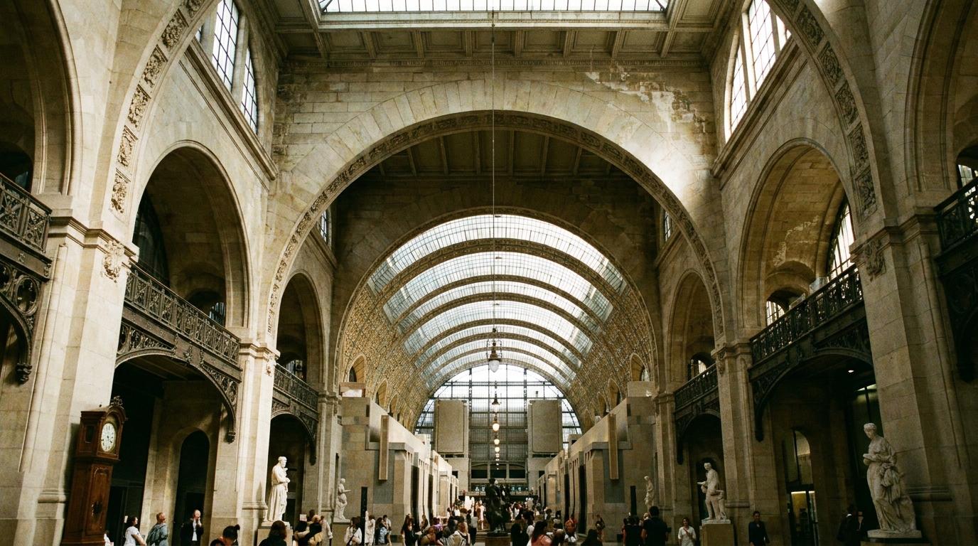 Interior of a grand stone museum hall with high vaulted ceilings, showing acoustics-challenging architecture