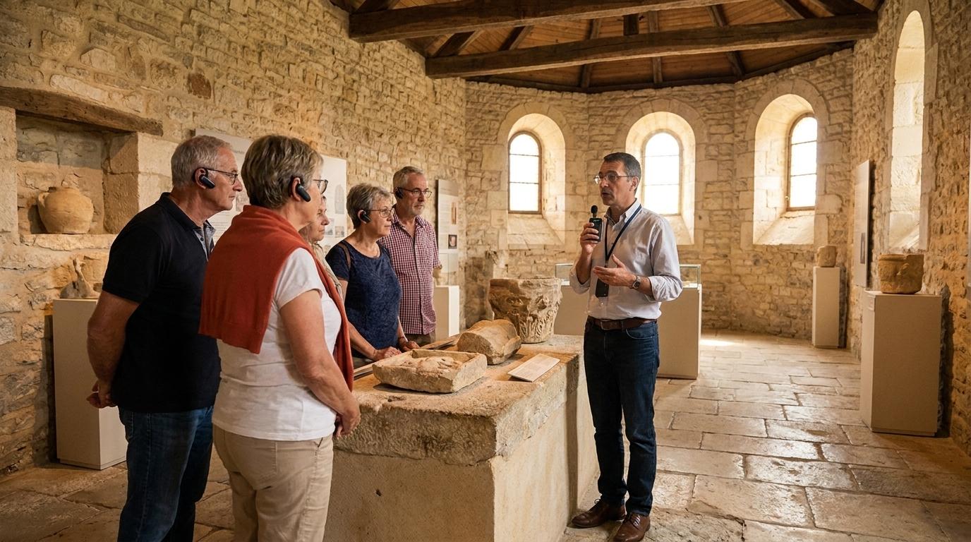 Small guided group using wireless audio equipment inside a historic heritage building museum