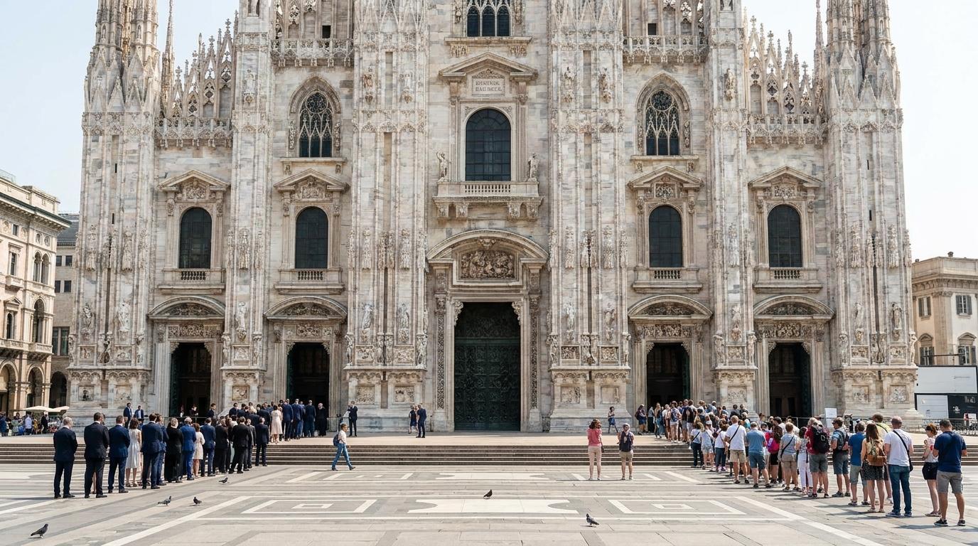 Milan Duomo separate entrances for worshippers and tourists, dual-use cathedral balancing religion and cultural tourism in Italy