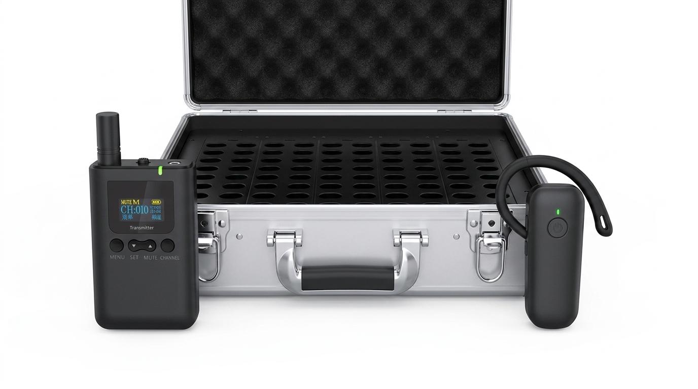 YINGMI L7 Wireless Tour Guide System with 48g transmitter, 16g ear-hook receivers and airline-compliant 50-slot charging case
