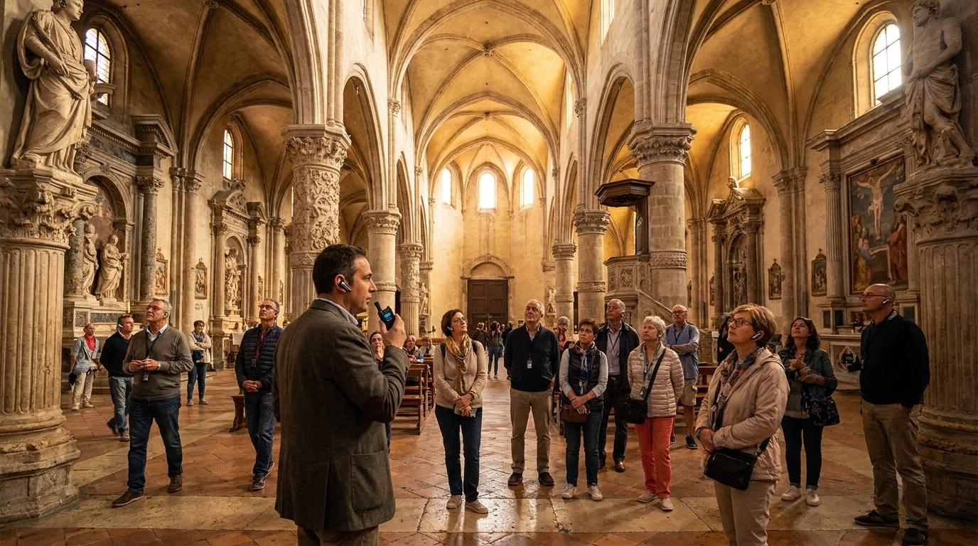 Silent guided tour inside Italian church using YINGMI L7 wireless system, clear whisper audio without disrupting sacred worship spaces