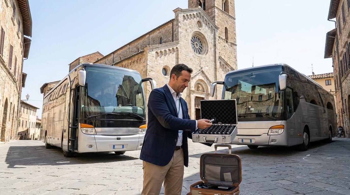 Portable wireless tour guide kit for multi-city pilgrimage tours in Italy, carry-on compliant charging case for cross-venue travel