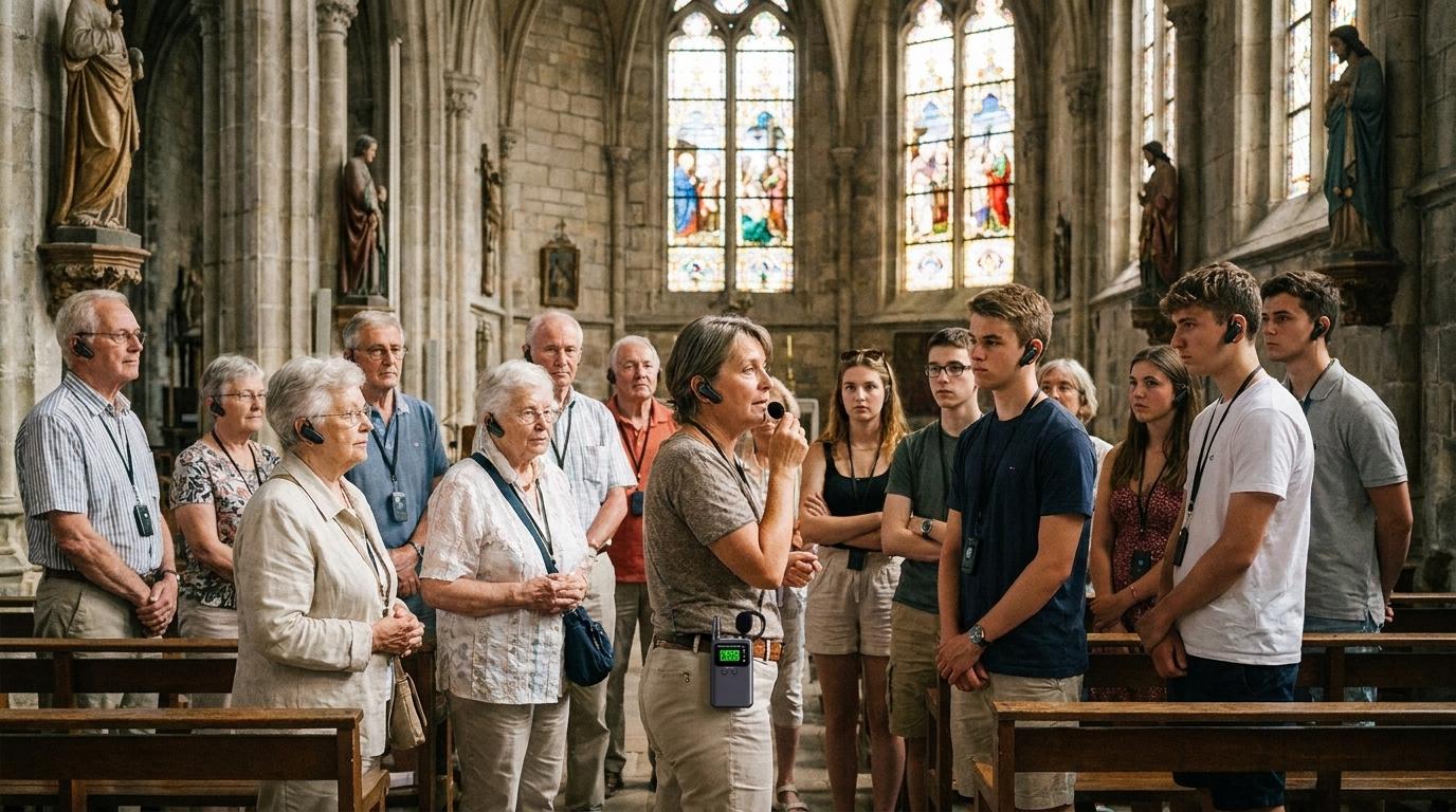 Guide using a wireless transmitter to narrate quietly inside a noise-sensitive heritage site