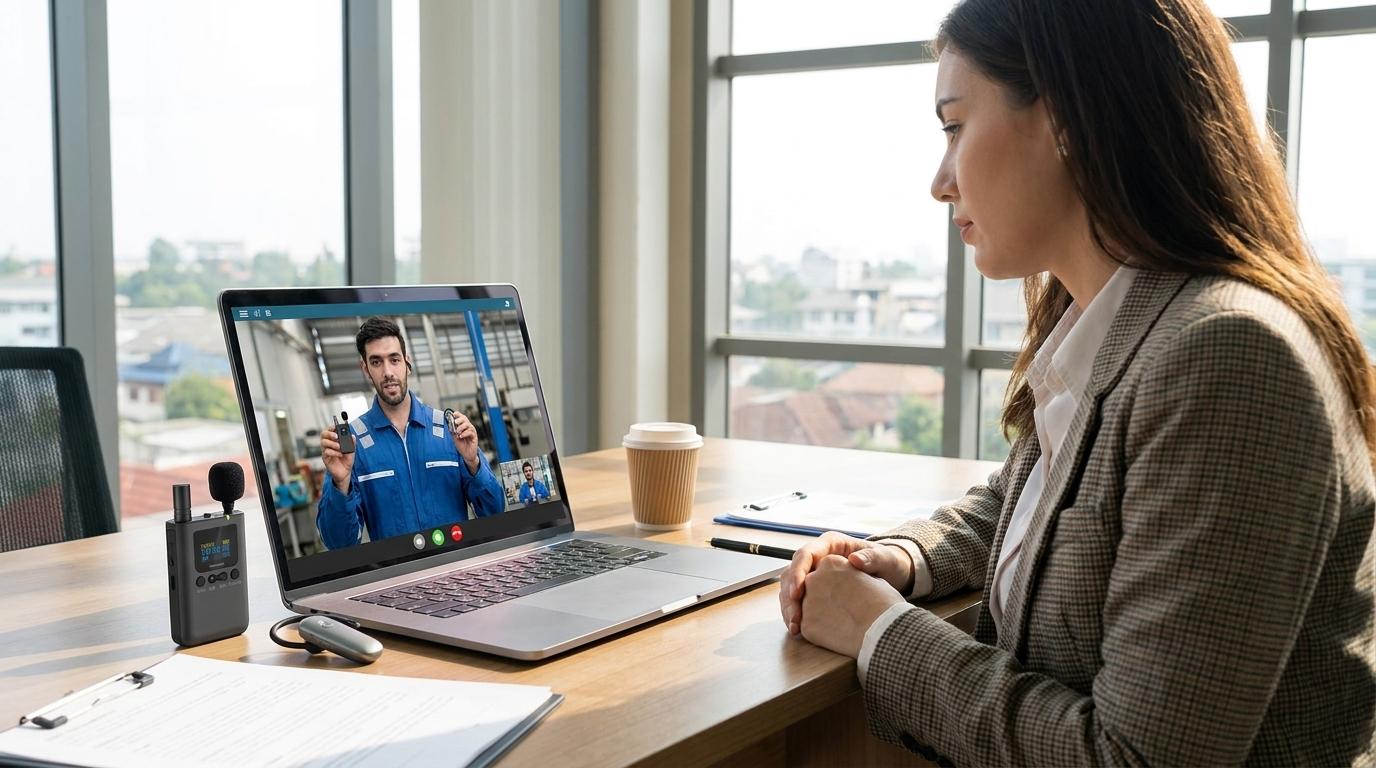 Business professional on a video call with a factory technical contact, discussing wireless tour guide equipment
