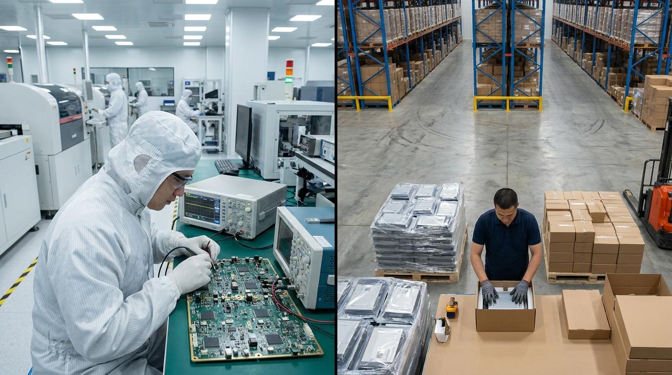 Split-view comparison of an engineer testing a wireless device circuit board in a factory versus a worker packing finished units in a warehouse