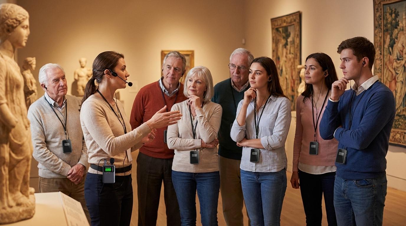 Museum docent leading a small group tour while wearing a compact ear-hook receiver, guests listening attentively indoors