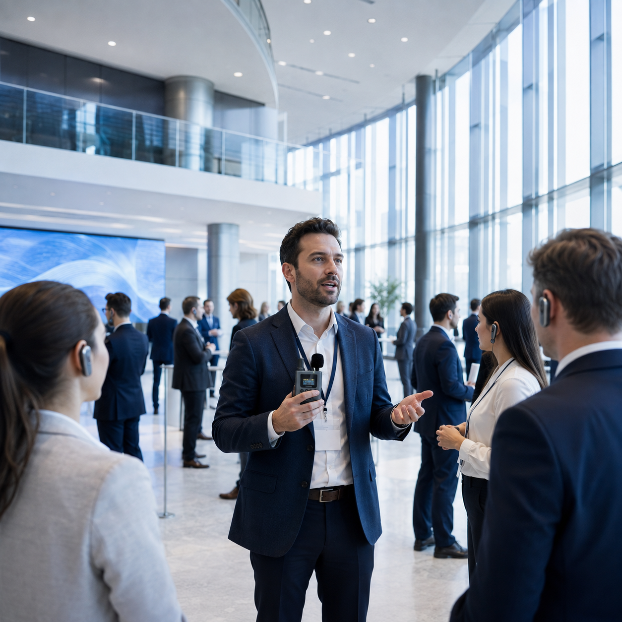 Wireless tour guide system used across a modern conference venue for group audio communication