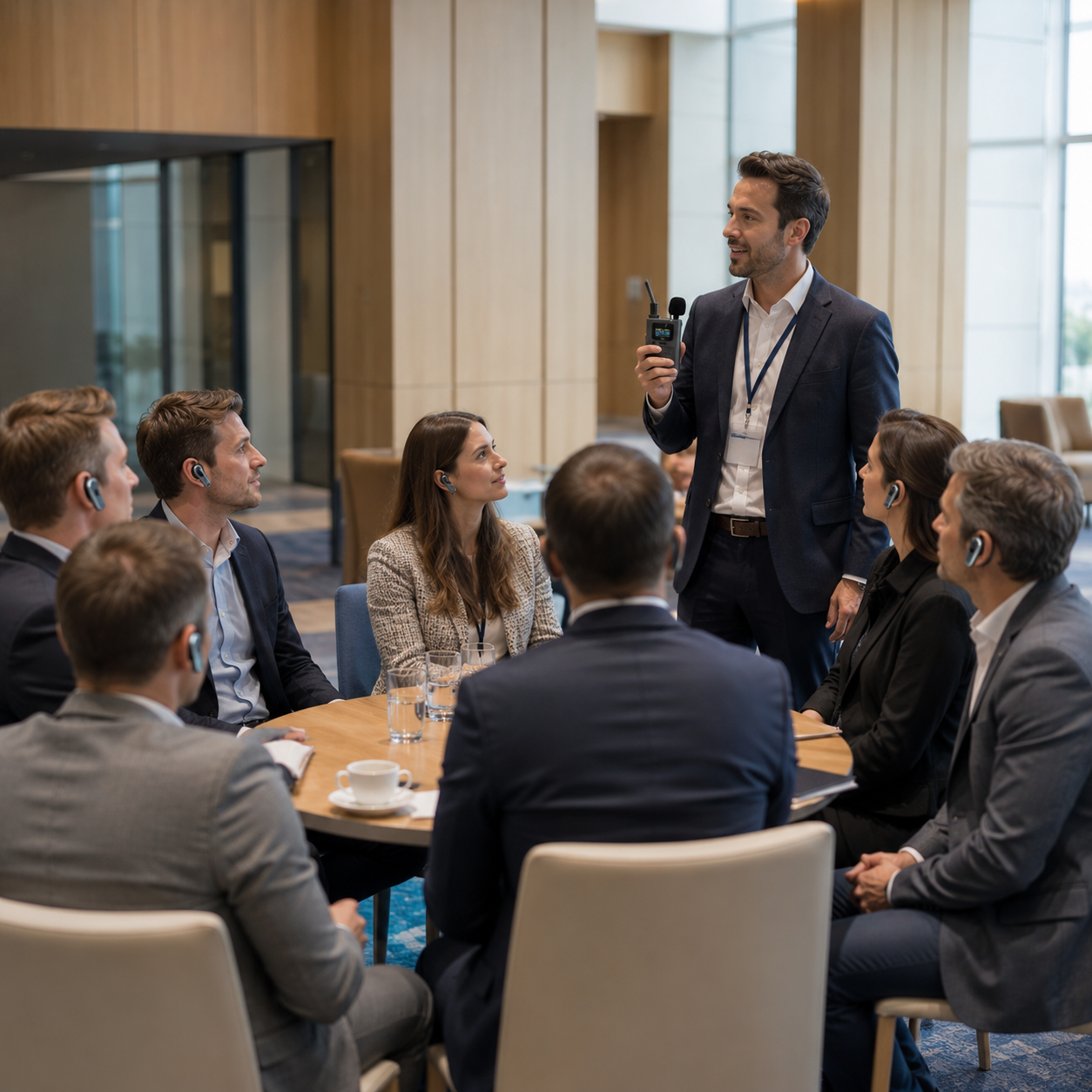Business professionals wearing wireless receivers during a conference breakout session