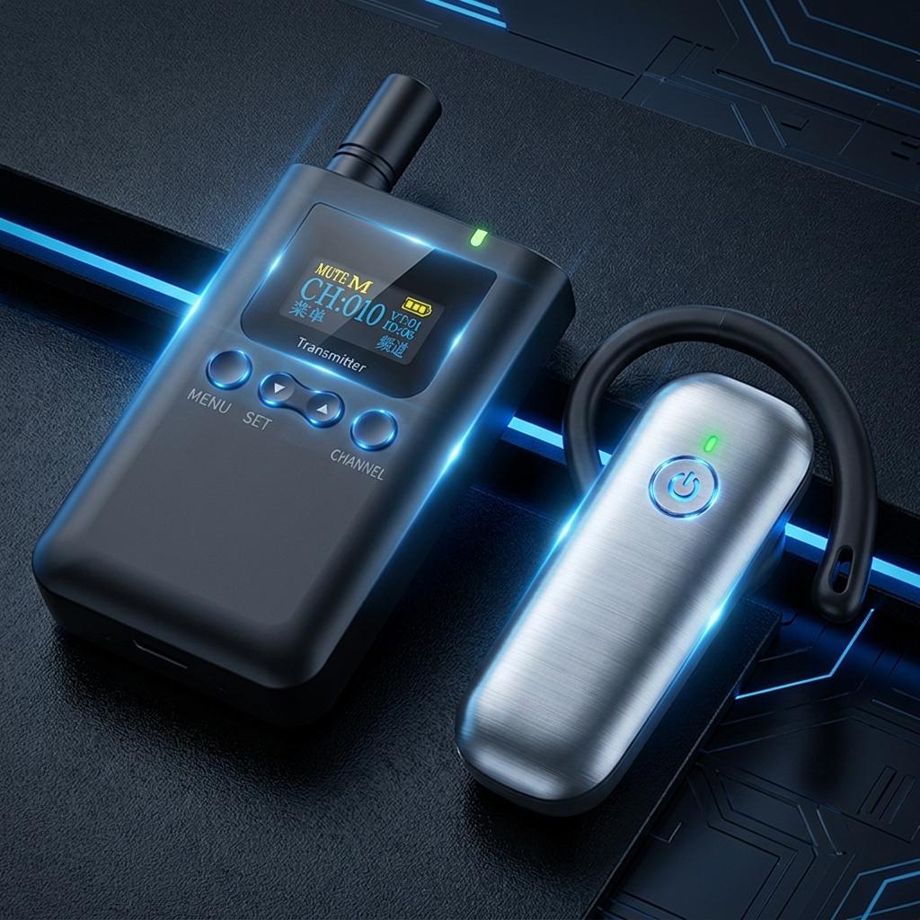 Close-up of noise-canceling transmitter microphone and receiver for tour guide systems
