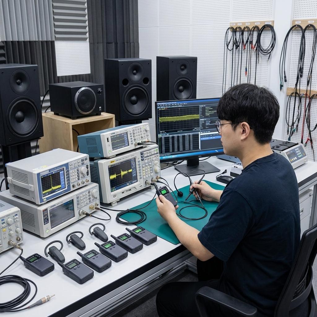Technician testing wireless audio guide clarity under simulated noise conditions