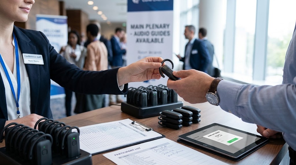Staff distributing audio guide devices at an event check-in desk