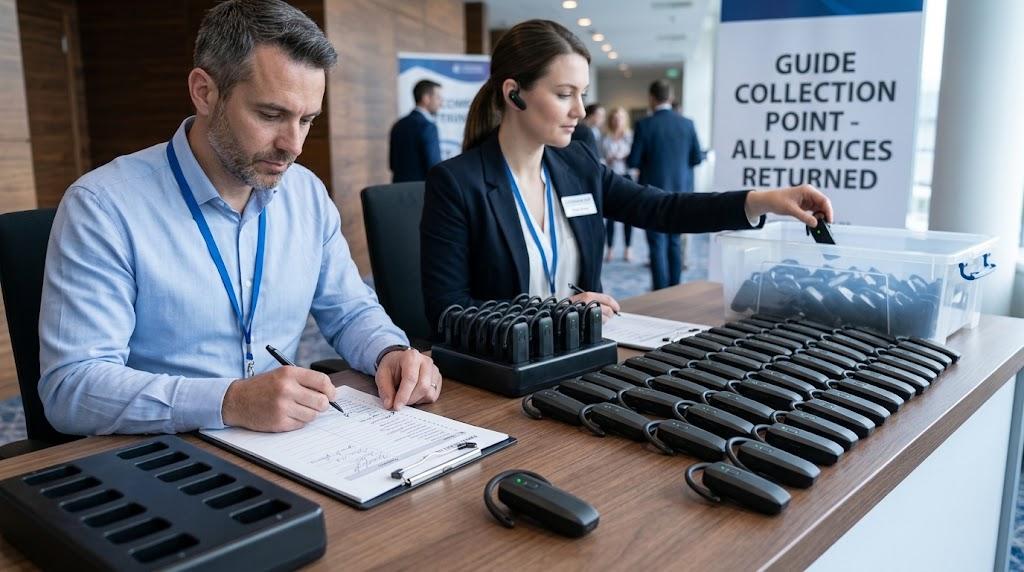 Staff collecting and reconciling audio guide devices after an event