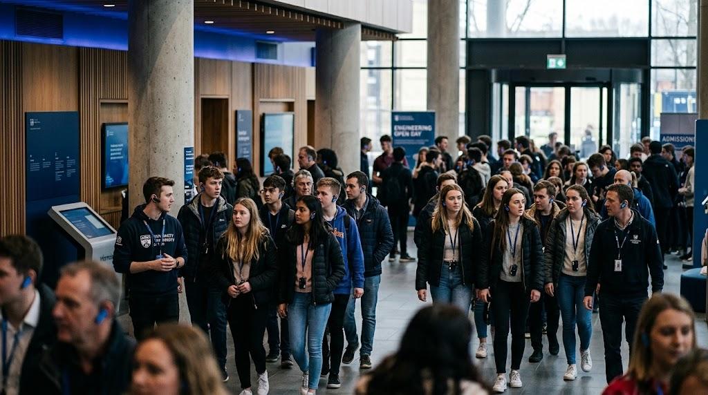 Multiple visitor groups moving through the same campus building during peak open day hours