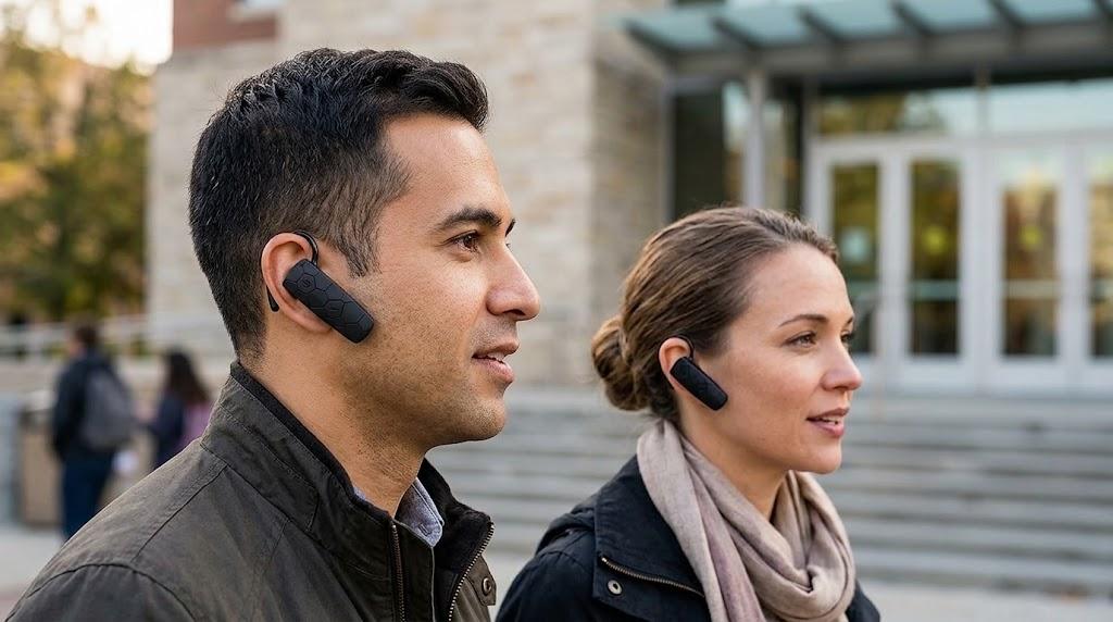 Visitor wearing an RFID automatic induction guide device near a campus building